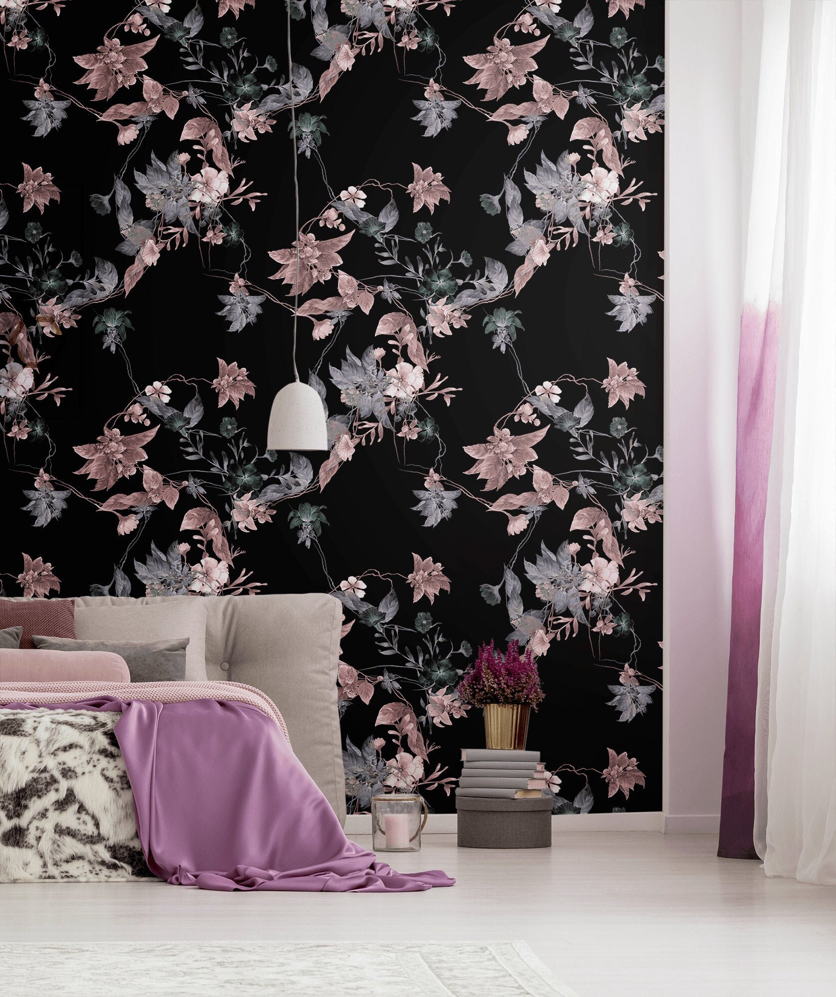 Removable Dark Floral Wallpaper, Peel and Stick Wall Mural, Black ...