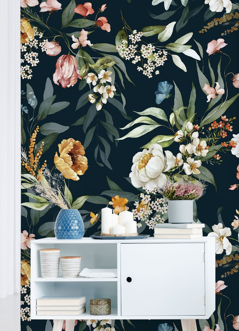 Dark Botanical Wallpaper With Flowers and Leaves Self - Etsy