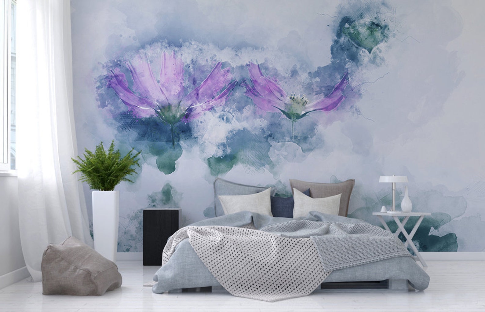 Purple Grey Floral Wallpaper, Self Adhesive Removable Wallpaper ...