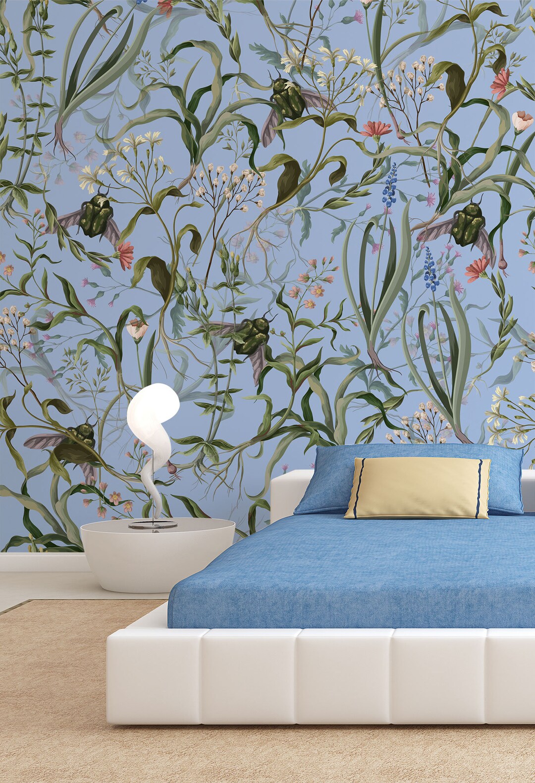 Botanical Pattern on Blue Background Wall Mural, Self Adhesive ...