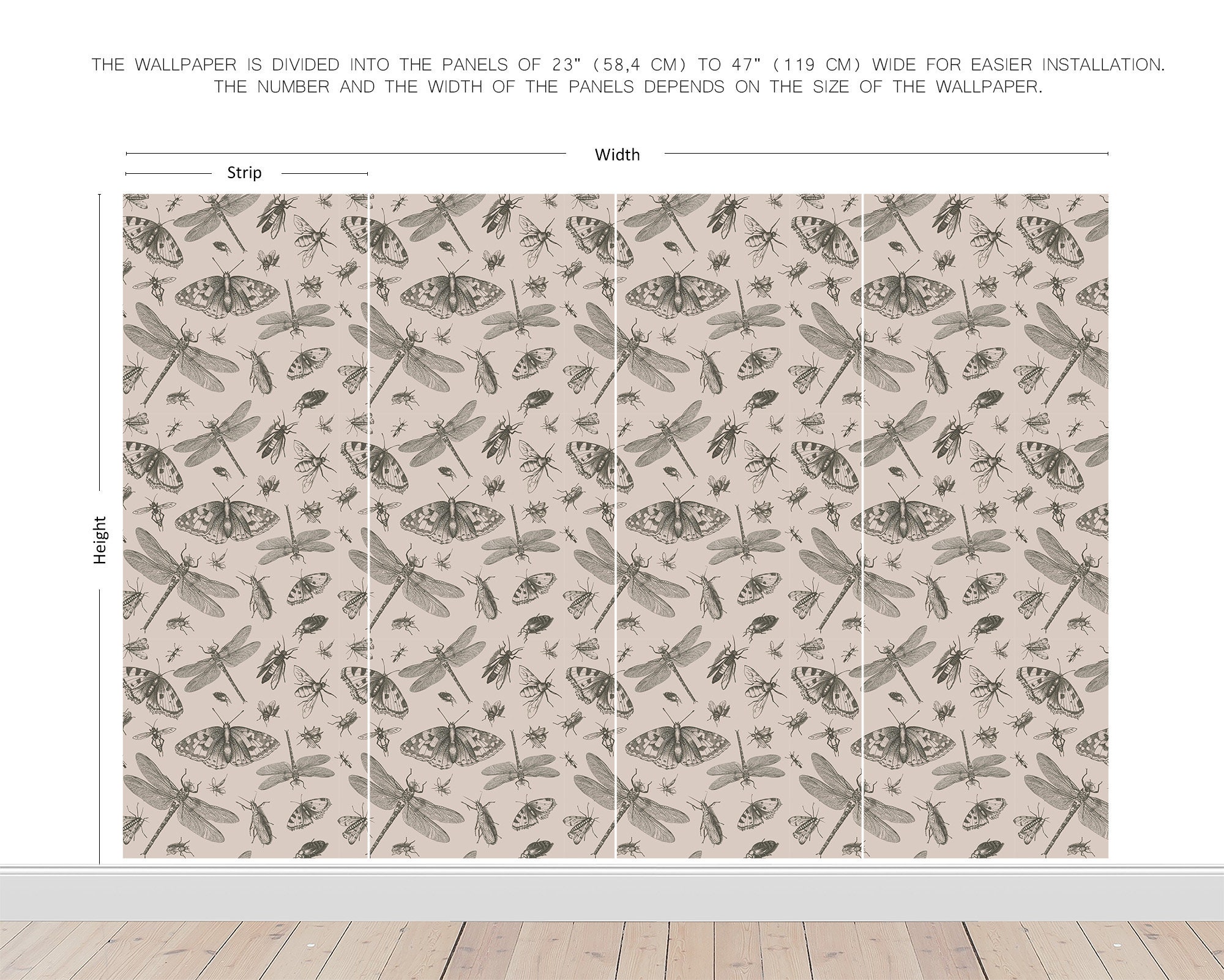 Vintage Wall Mural, Insects Pattern Wallpaper, Dragonfly and Moth, Self ...