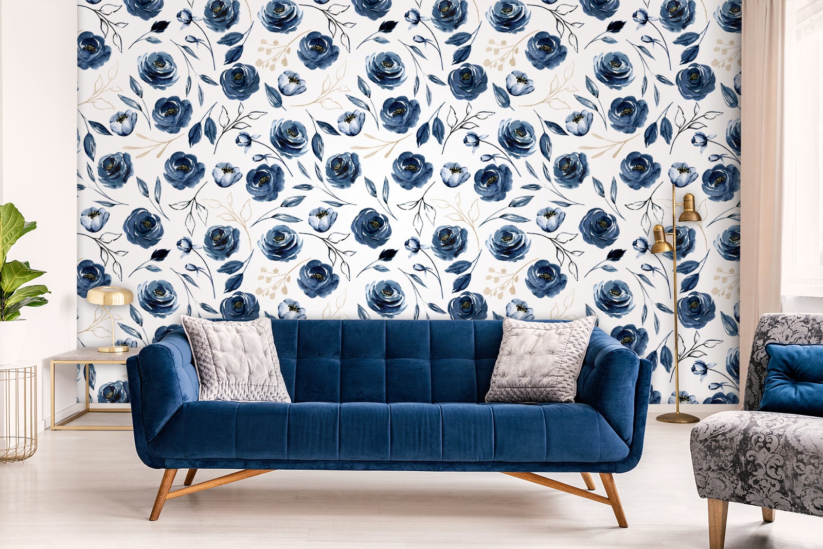 Removable Wallpaper With Blue Flowers and Leaves Peel and - Etsy