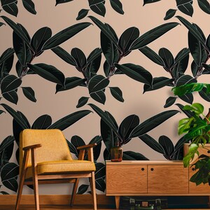 Beautiful Tropical Wallpaper With Dark Ficus Elastica, Peel and Stick ...