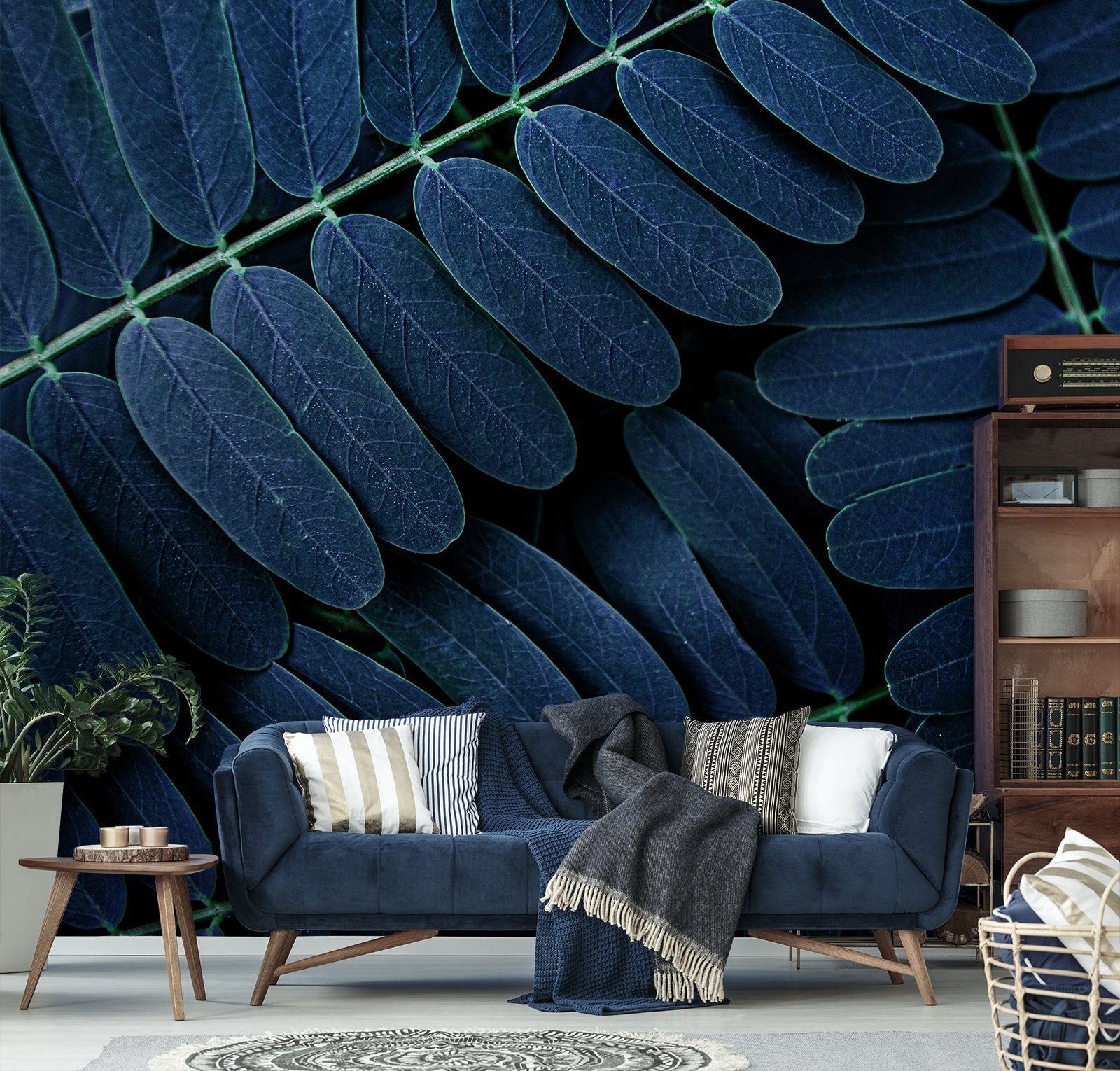 Blue Leaves Wall Mural Peel and Stick Tropical Wallpaper | Etsy