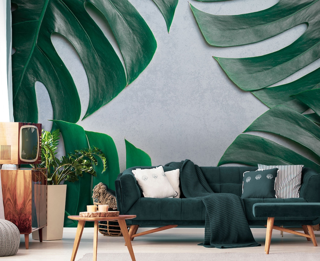 Monstera Leaves and Concrete Wall Mural, Self Adhesive Removable ...