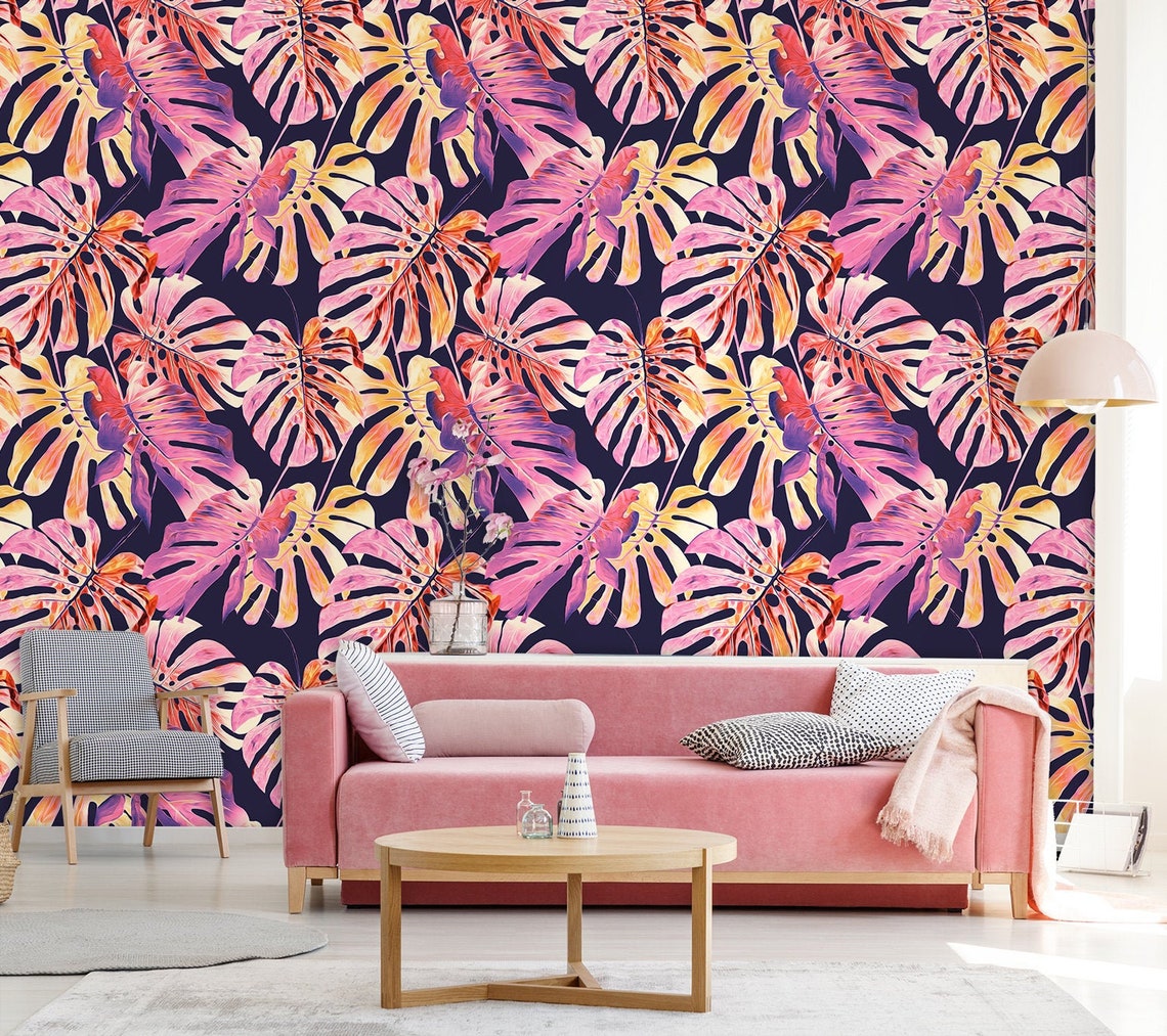 Pink Monstera Leaves Wallpaper, Peel and Stick Wall Mural With Tropical ...