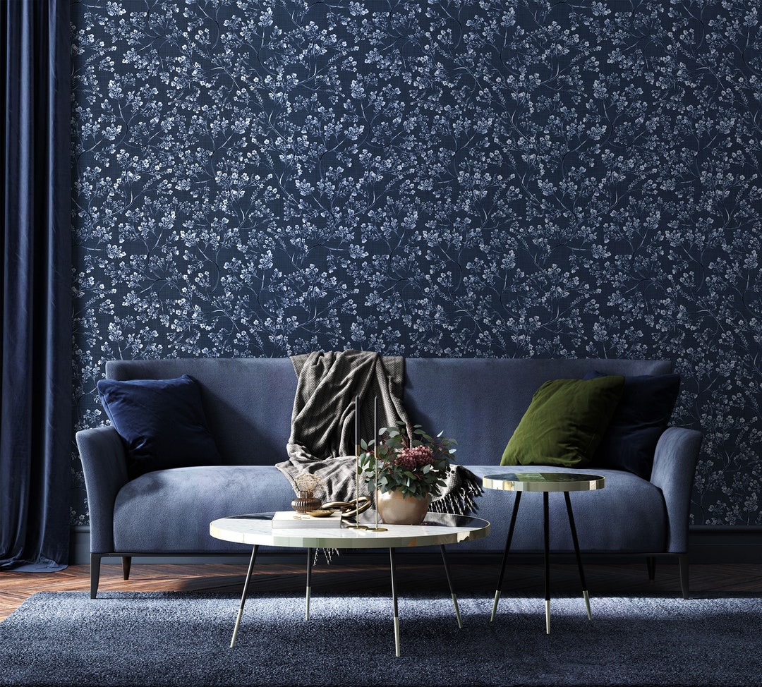 Dark Blue Floral Wallpaper, Delicate Botanical Floral Pattern, Self ...
