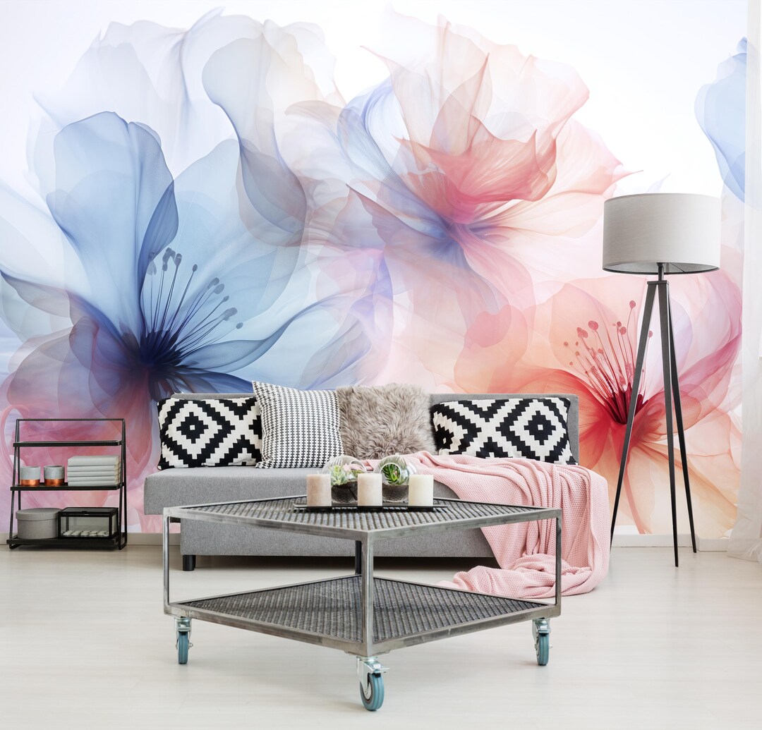 Colorful Silky Flowers Wallpaper, Modern Botanical Wall Mural, Self ...