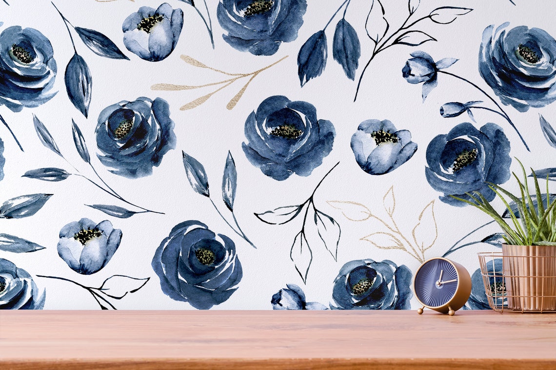 Removable Wallpaper With Blue Flowers and Leaves Peel and - Etsy