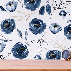 Removable Wallpaper With Blue Flowers and Leaves, Peel and Stick Wall ...