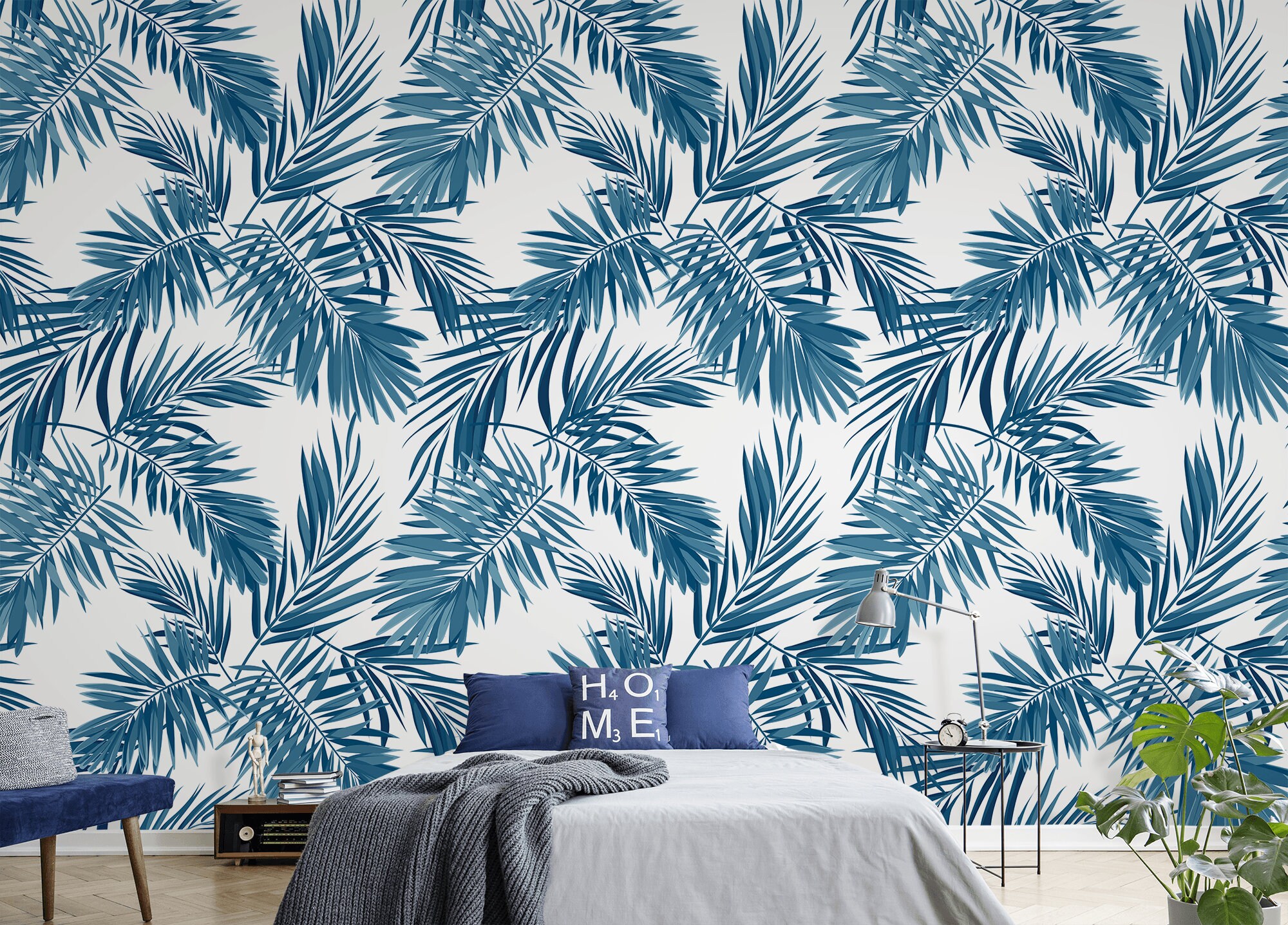 Blue Exotic Leaf Wallpaper Removable Tropical Wallpaper | Etsy