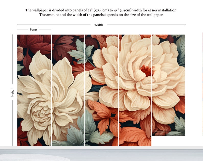 Bright Floral Wallpaper Big Flowers Wall Mural, Vintage Wallpaper, Self ...