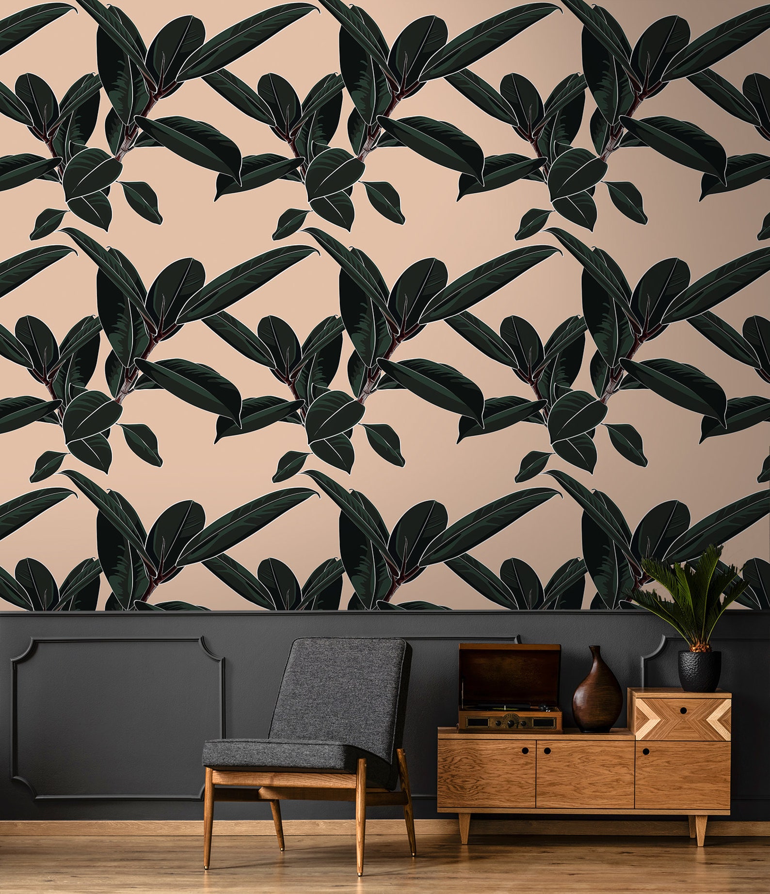 Beautiful Tropical Wallpaper With Dark Ficus Elastica, Peel and Stick ...