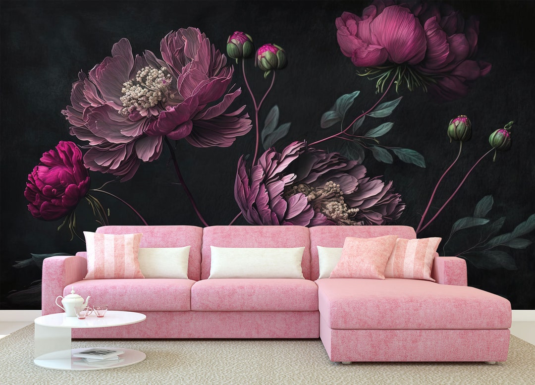 Dark Floral Mural, Purple Flowers on Dark Background, Self Adhesive ...