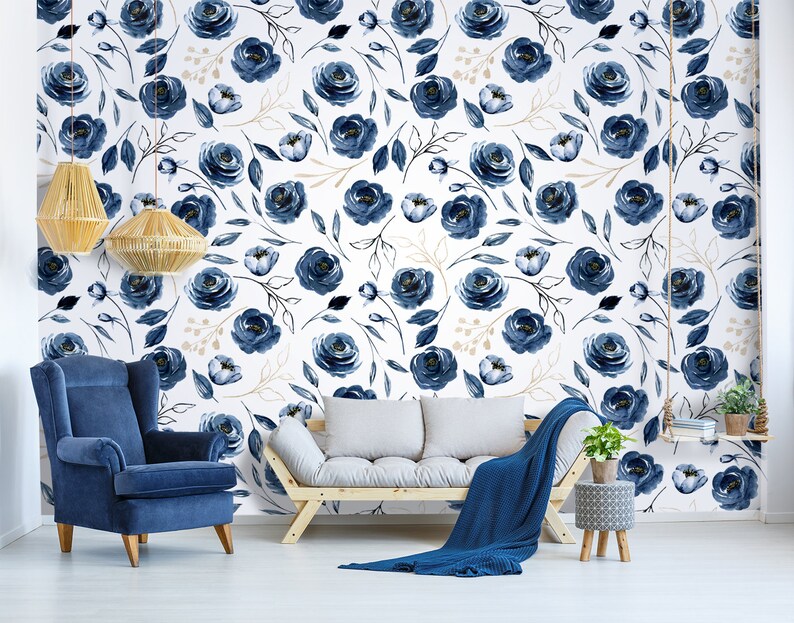 Removable Wallpaper With Blue Flowers and Leaves Peel and - Etsy