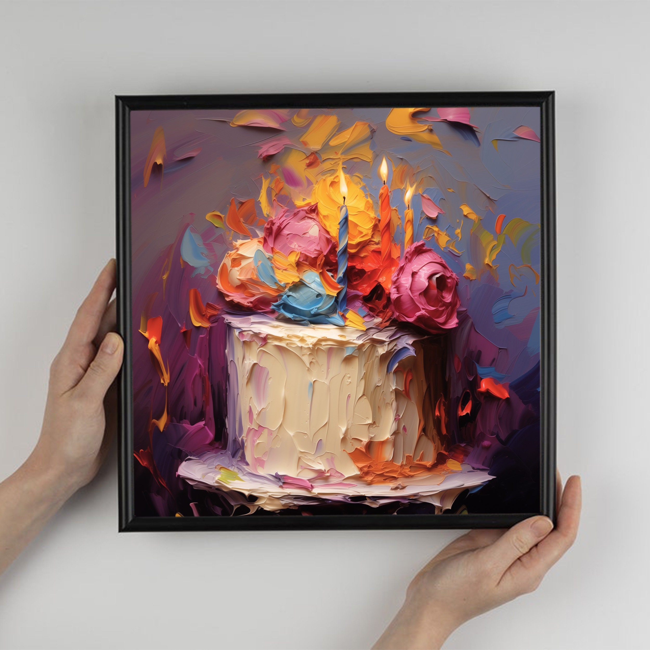Colorful Birthday Cake Oil Painting | Printable Kitchen Dessert Art ...