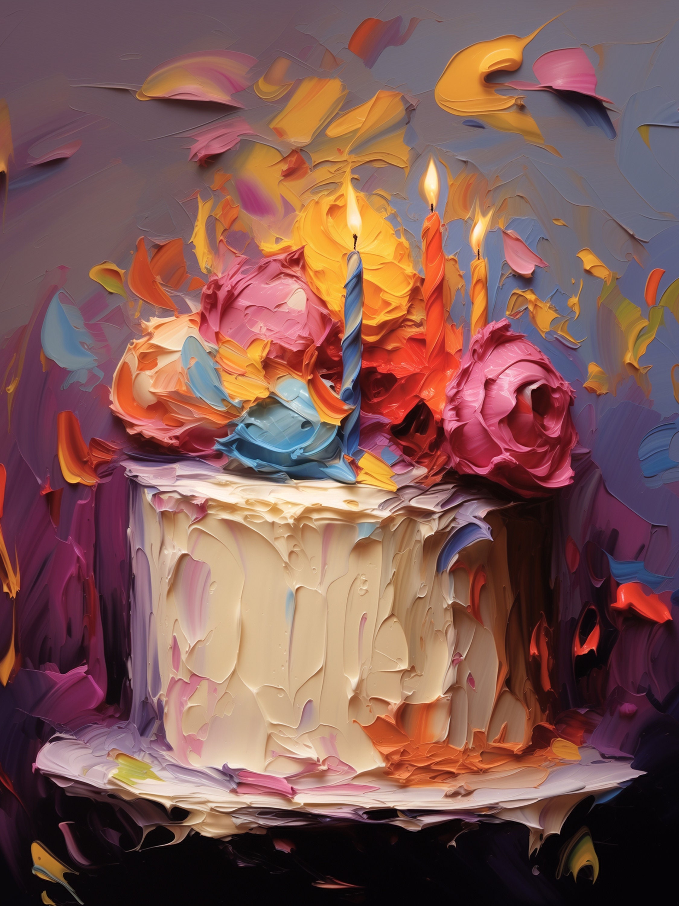 Colorful Birthday Cake Oil Painting | Printable Kitchen Dessert Art ...