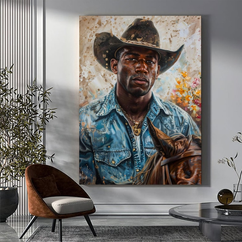 Black Cowboy Art, Western Oil Painting, Cowboy Wall Art, Rodeo Poster ...