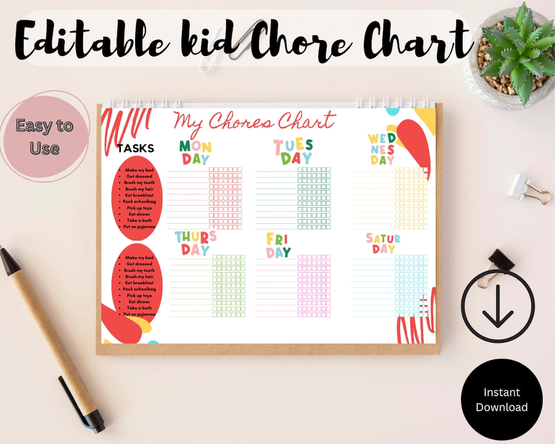 Weekly Chore Chart Printable, Editable Kids Chore Charts, Screen Time ...