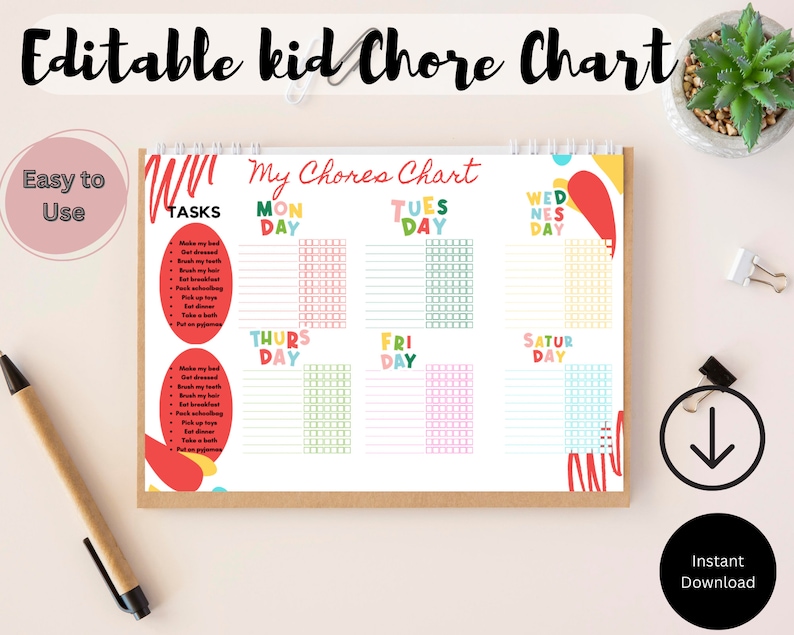 Weekly Chore Chart Printable, Editable Kids Chore Charts, Screen Time ...
