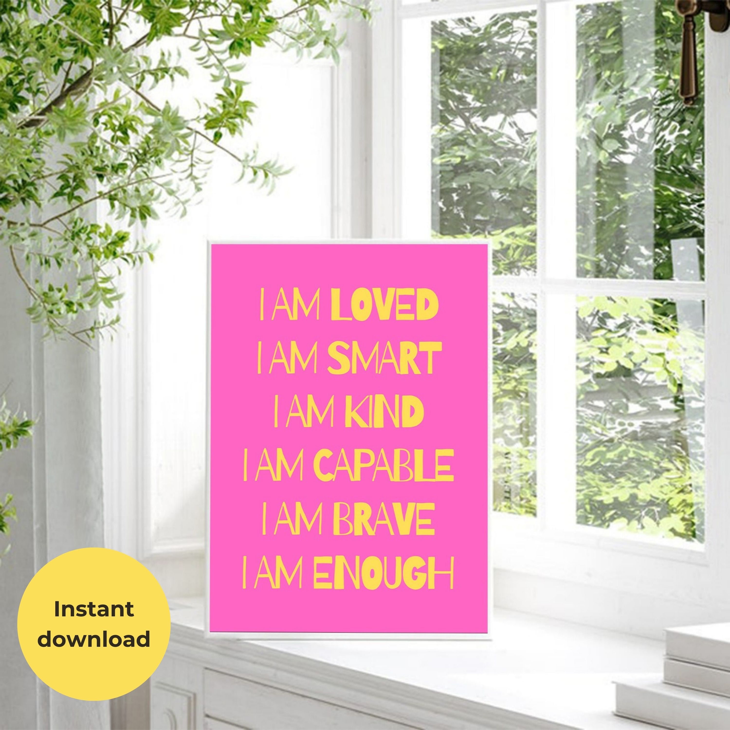 I Am Affirmation Pink Yellow Poster Funky 70s Pink Wall Art Digital ...