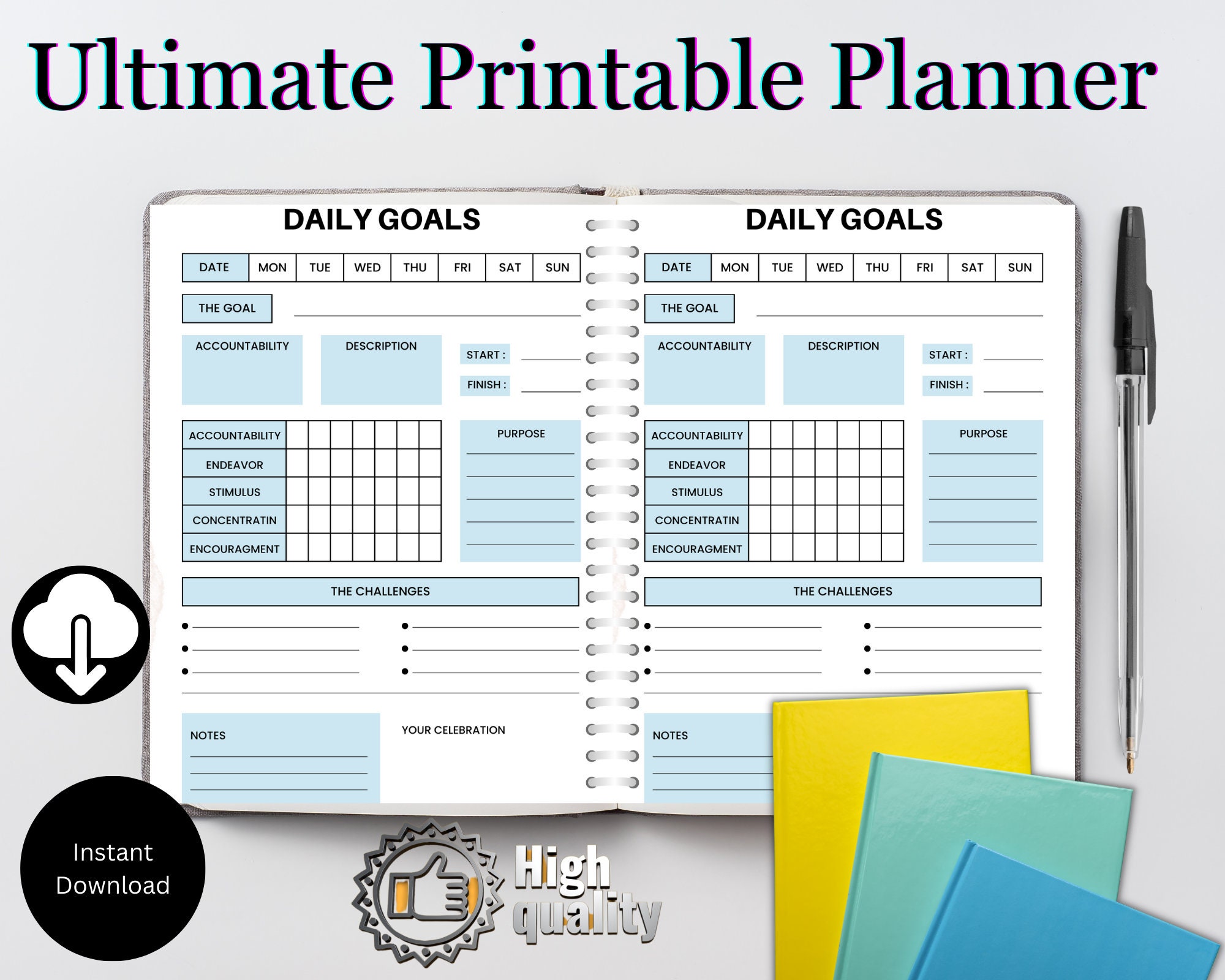 Watercolor Blue Minimalist Daily Goals Planner, Goal Planner, Goal ...