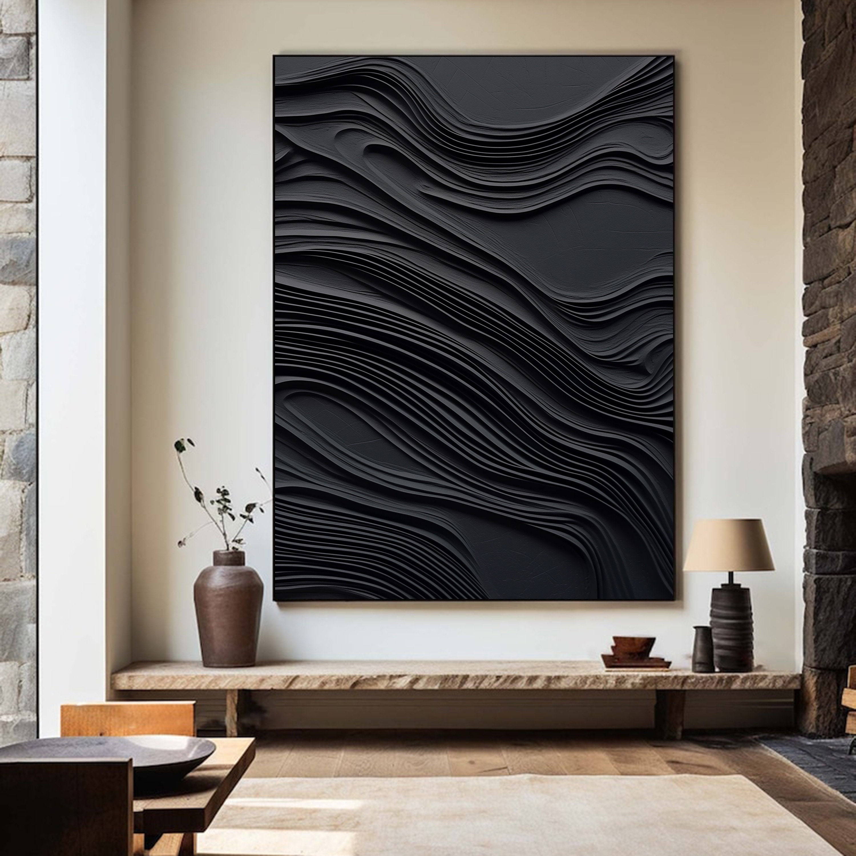 Japandi Wall Art, Black Textured Print, Modern Minimalist, Luxury Art ...