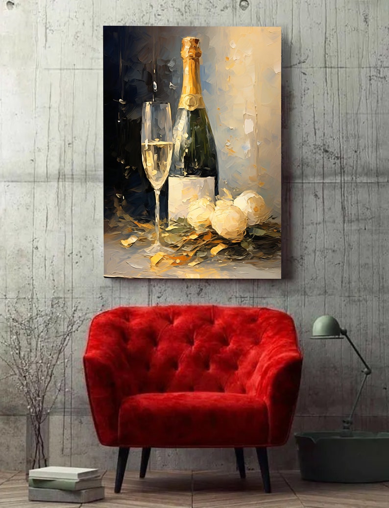 Vintage Champagne Bottle Oil Painting | Bar Cart Art (digital Download ...