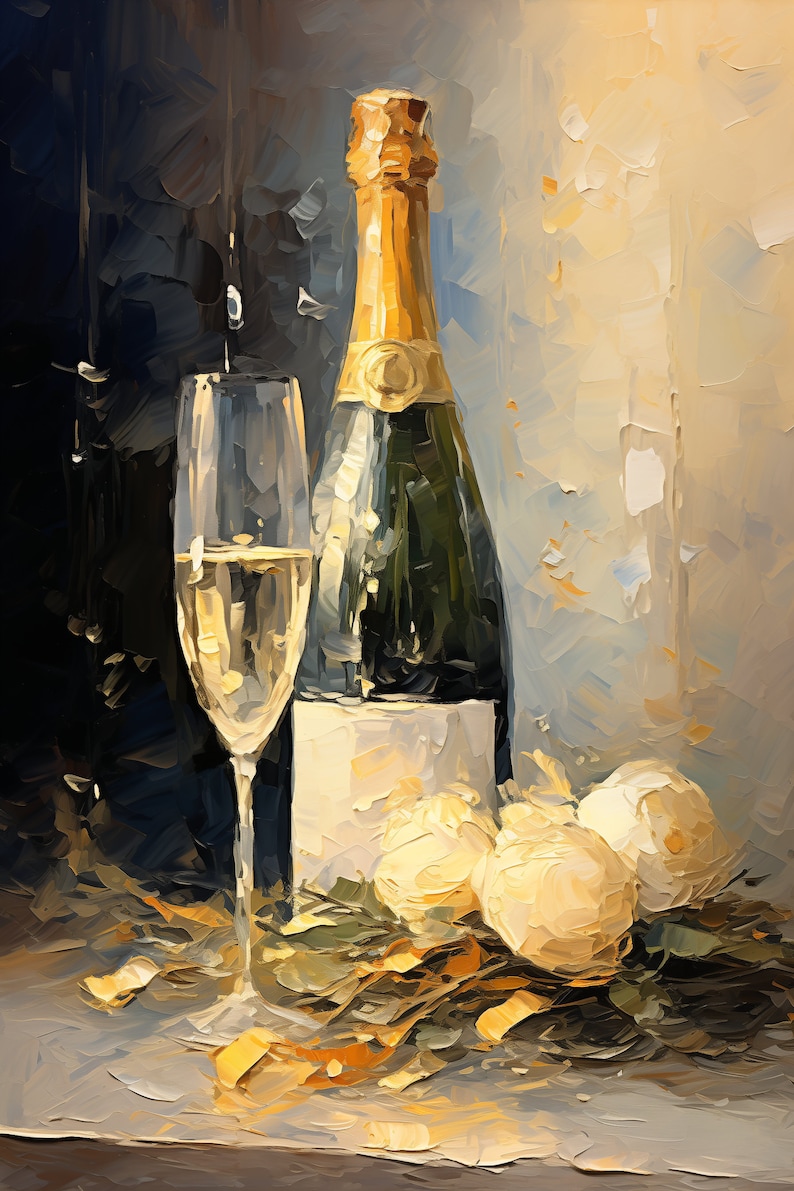 Vintage Champagne Flower Bottle Bar Cart Art Vintage Art Oil Painting ...