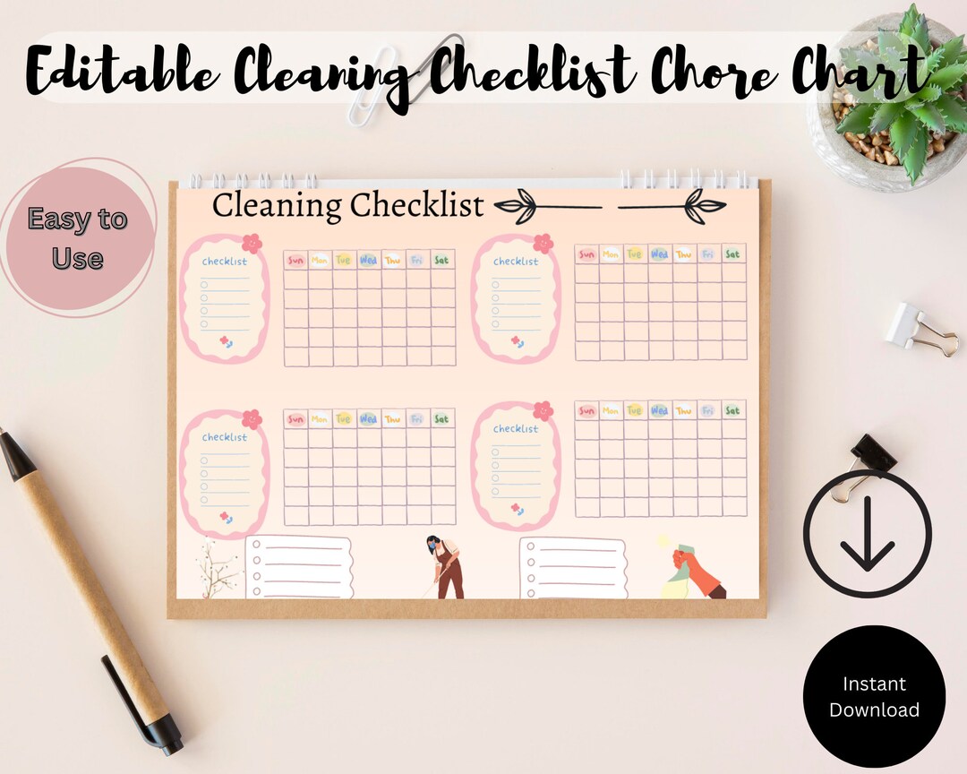 Editable Cleaning Checklist Chore Chart, Weekly Planner (PDF) - Etsy
