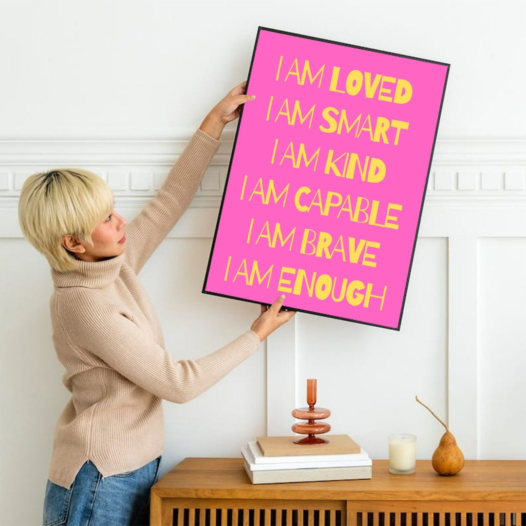 I Am Affirmation Pink Yellow Poster Funky 70s Pink Wall Art Digital ...