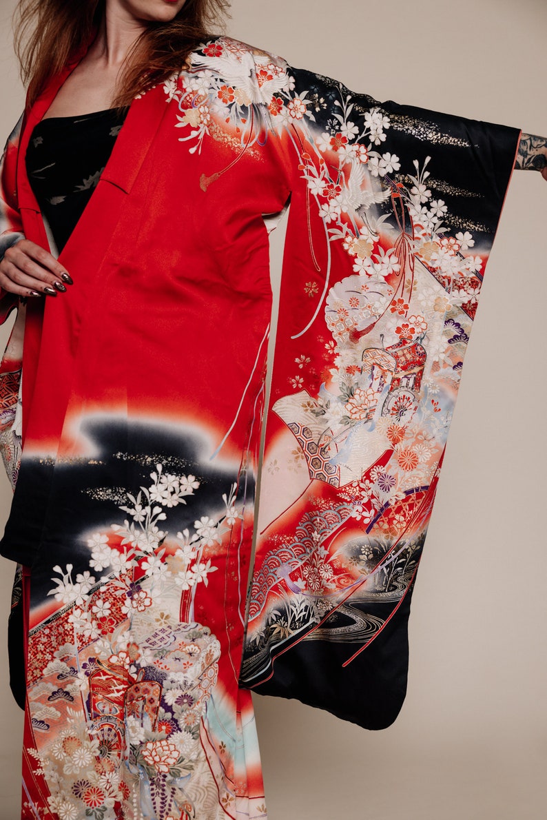 Elegant Red and Black Furisode (long Sleeved Kimono) Painted With Noshi ...