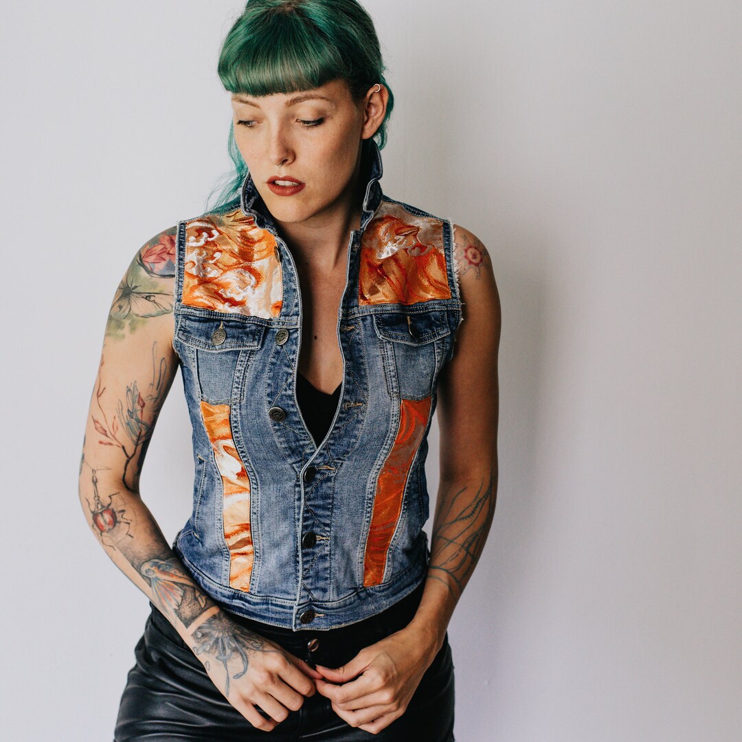 Unique Bomber Jeans Jacket With Orange Waves upcycled Obi for a Wild ...