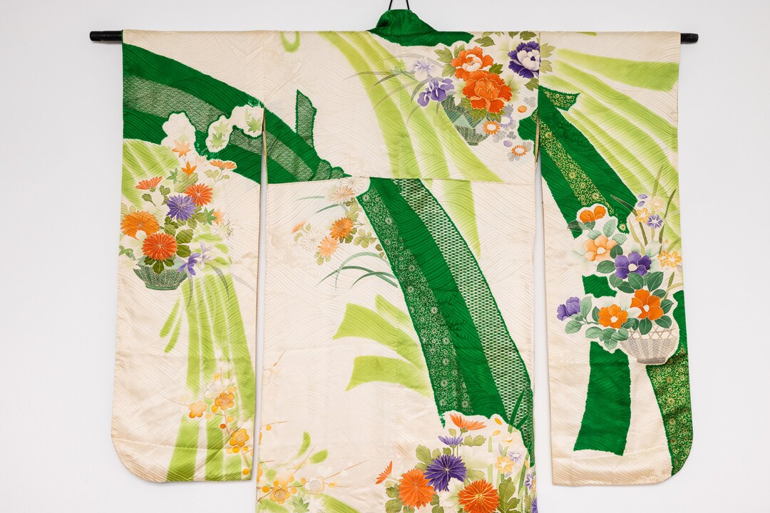 Festive Green "ceremonial Origami" (noshi) Furisode - Soft Silk and ...