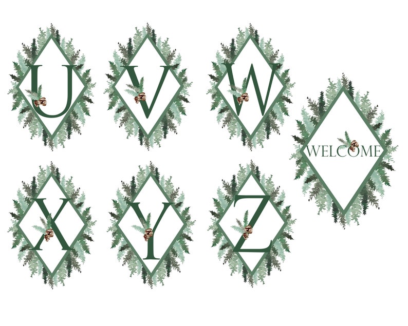 Watercolor Evergreen Pine Frame Letters Alphabet Initials Clip Art ...