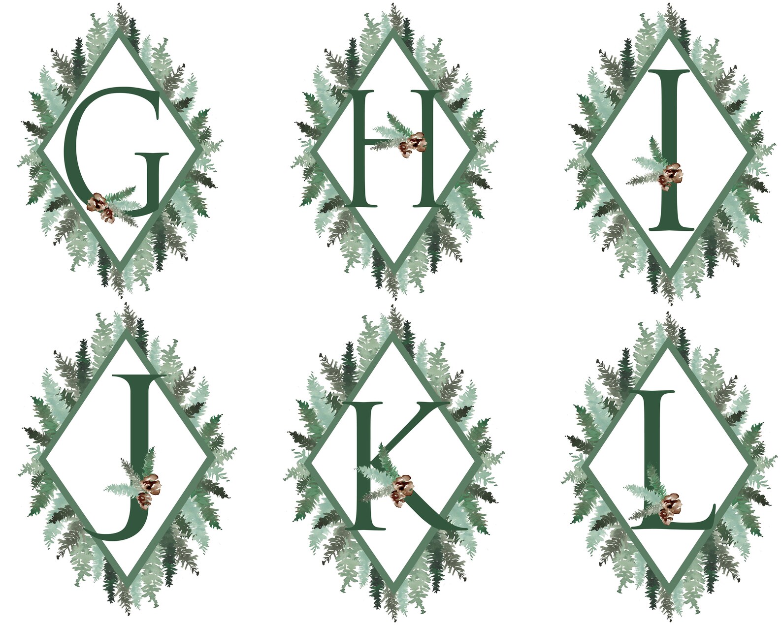 Watercolor Evergreen Pine Frame Letters Alphabet Initials Clip Art ...