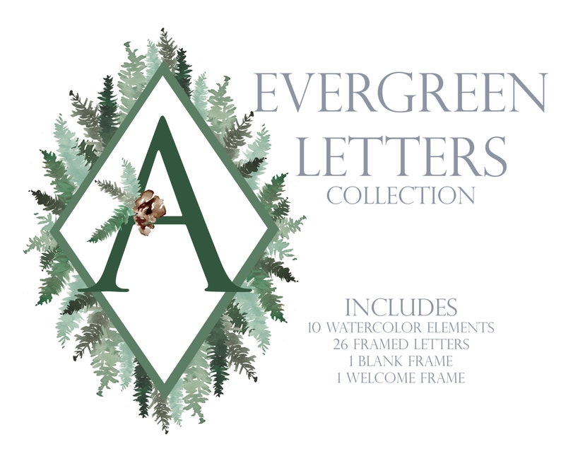 Watercolor Evergreen Pine Frame Letters Alphabet Initials Clip Art ...