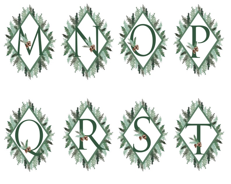Watercolor Evergreen Pine Frame Letters Alphabet Initials Clip Art ...