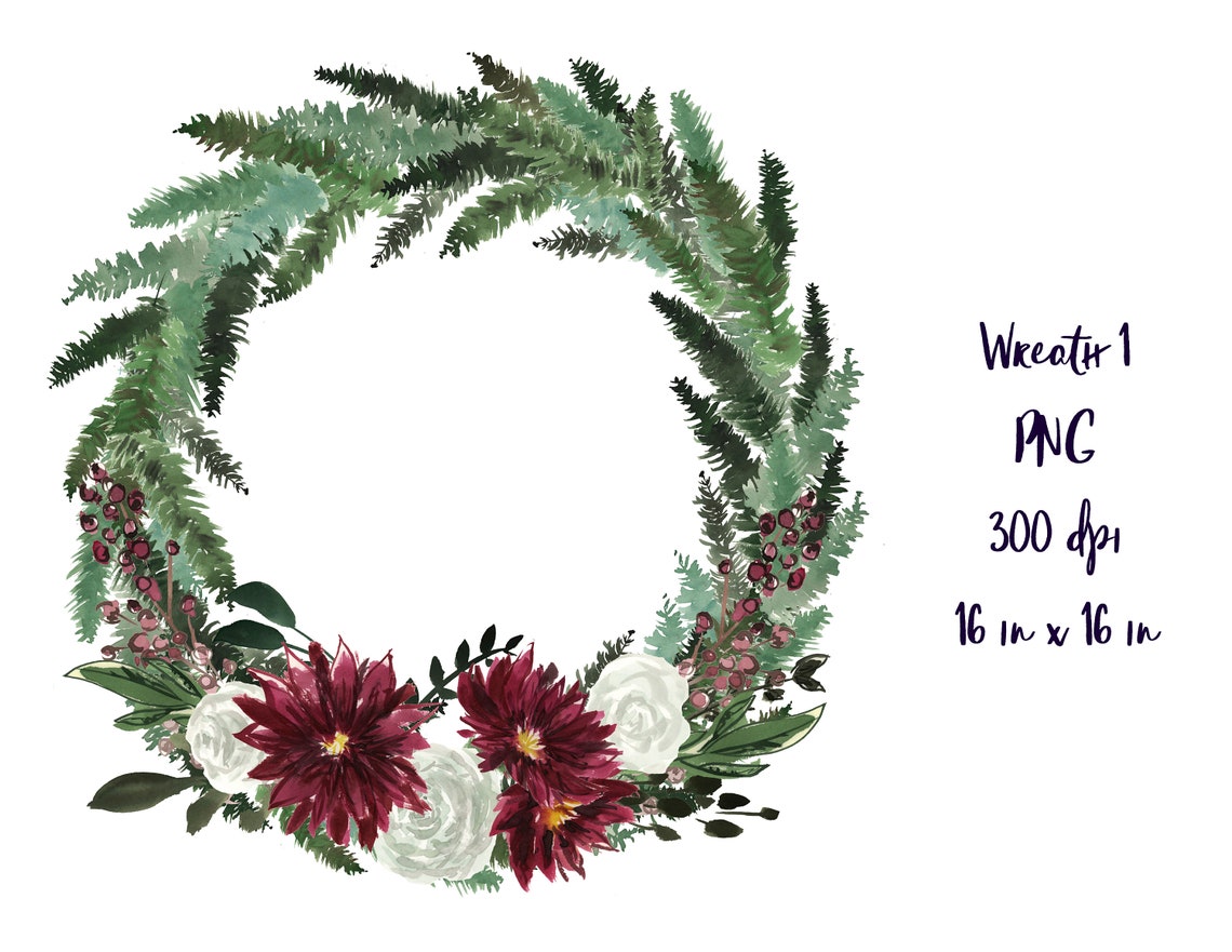 Watercolor Christmas Wreath Holiday Clip Art Printable Floral ...