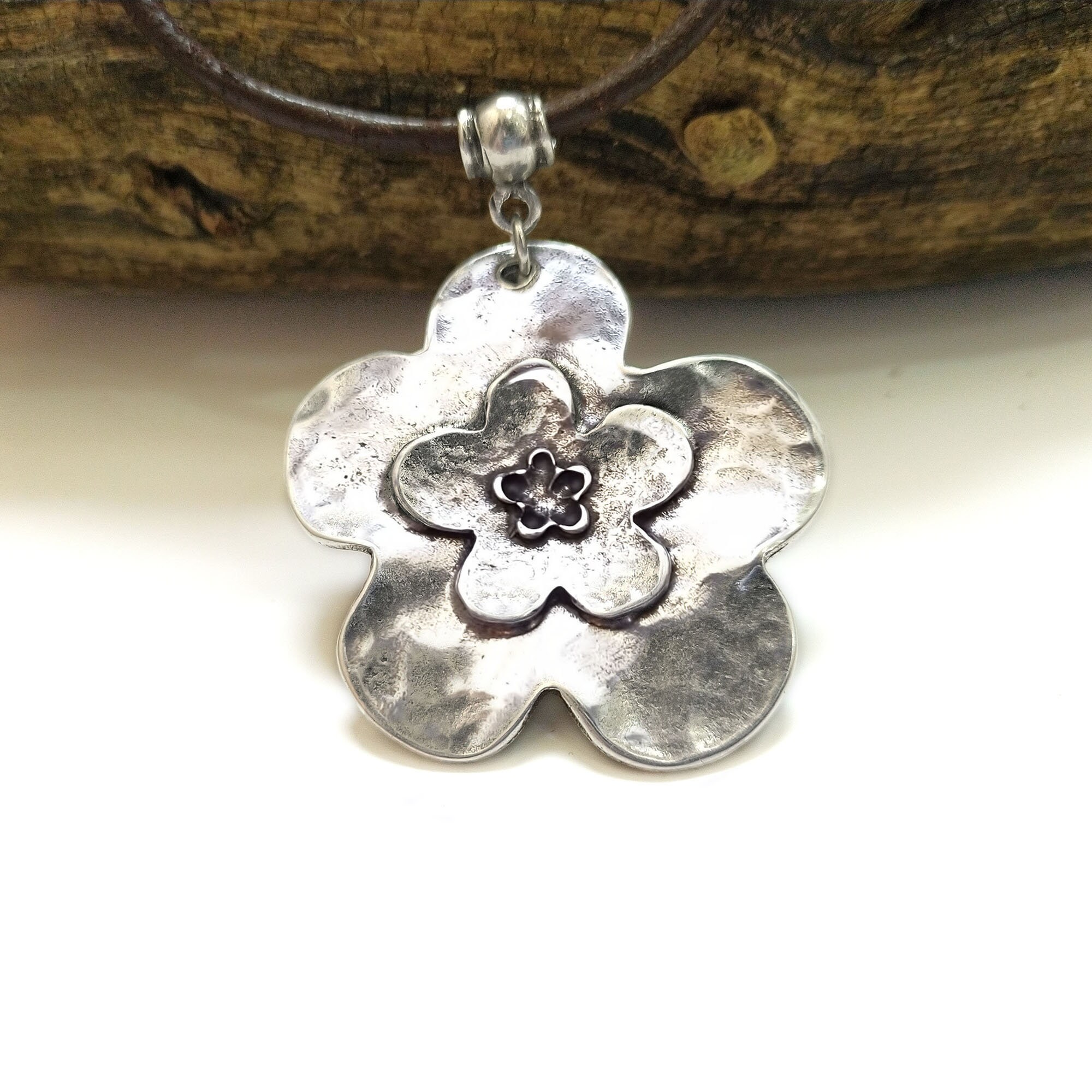Bohemian Large Flower Pendant Necklace Antique Silver Plated - Etsy UK