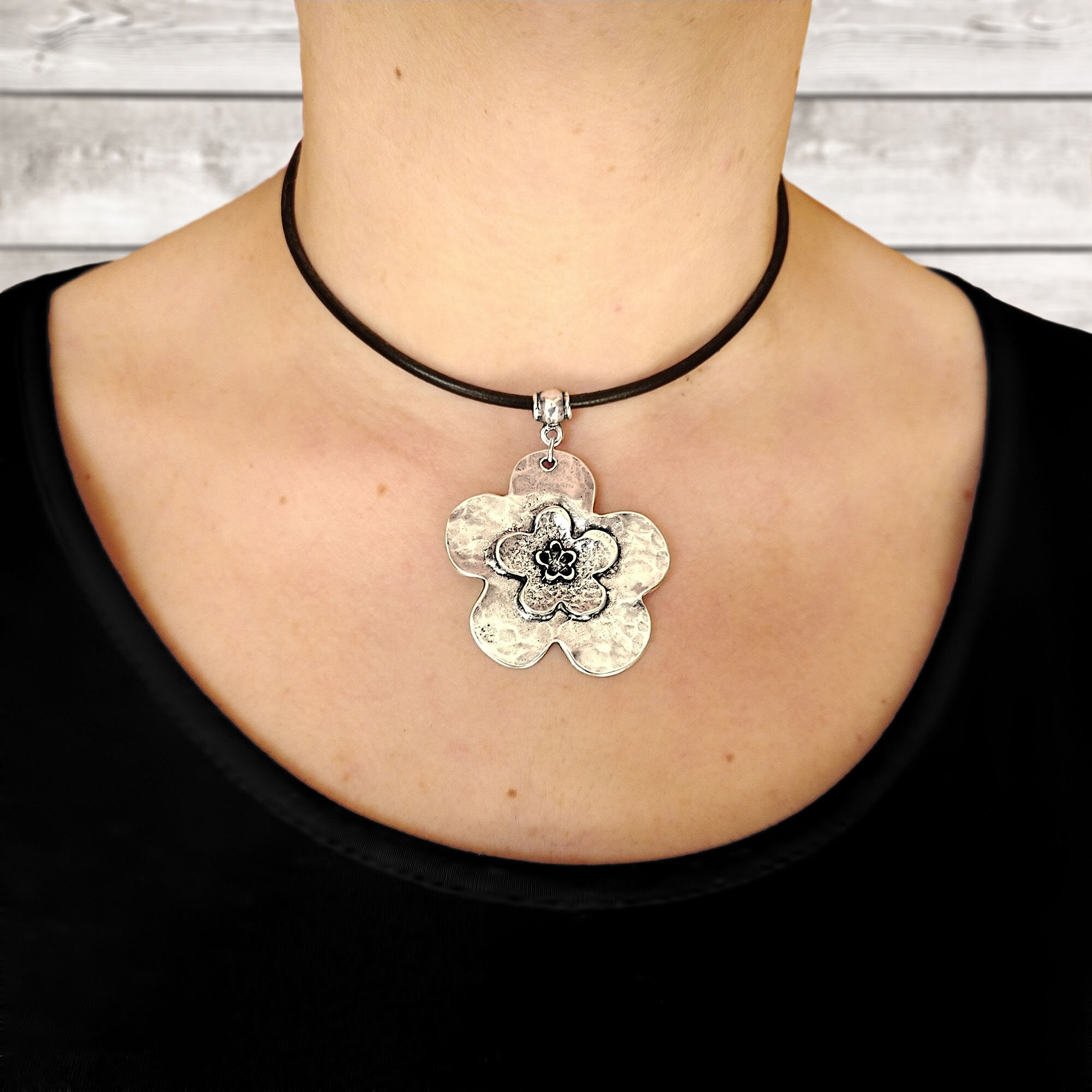 Bohemian Large Flower Pendant Necklace Antique Silver Plated - Etsy UK