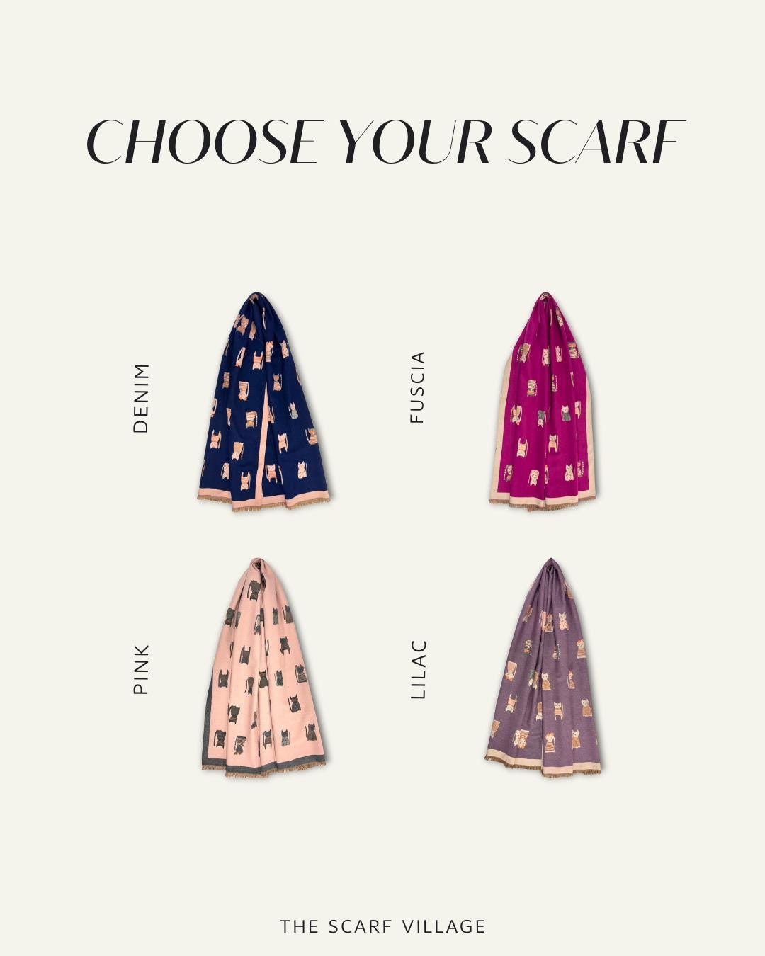 Cat Print Scarf, Wool Blend, Personalised Embroidery Option Available ...
