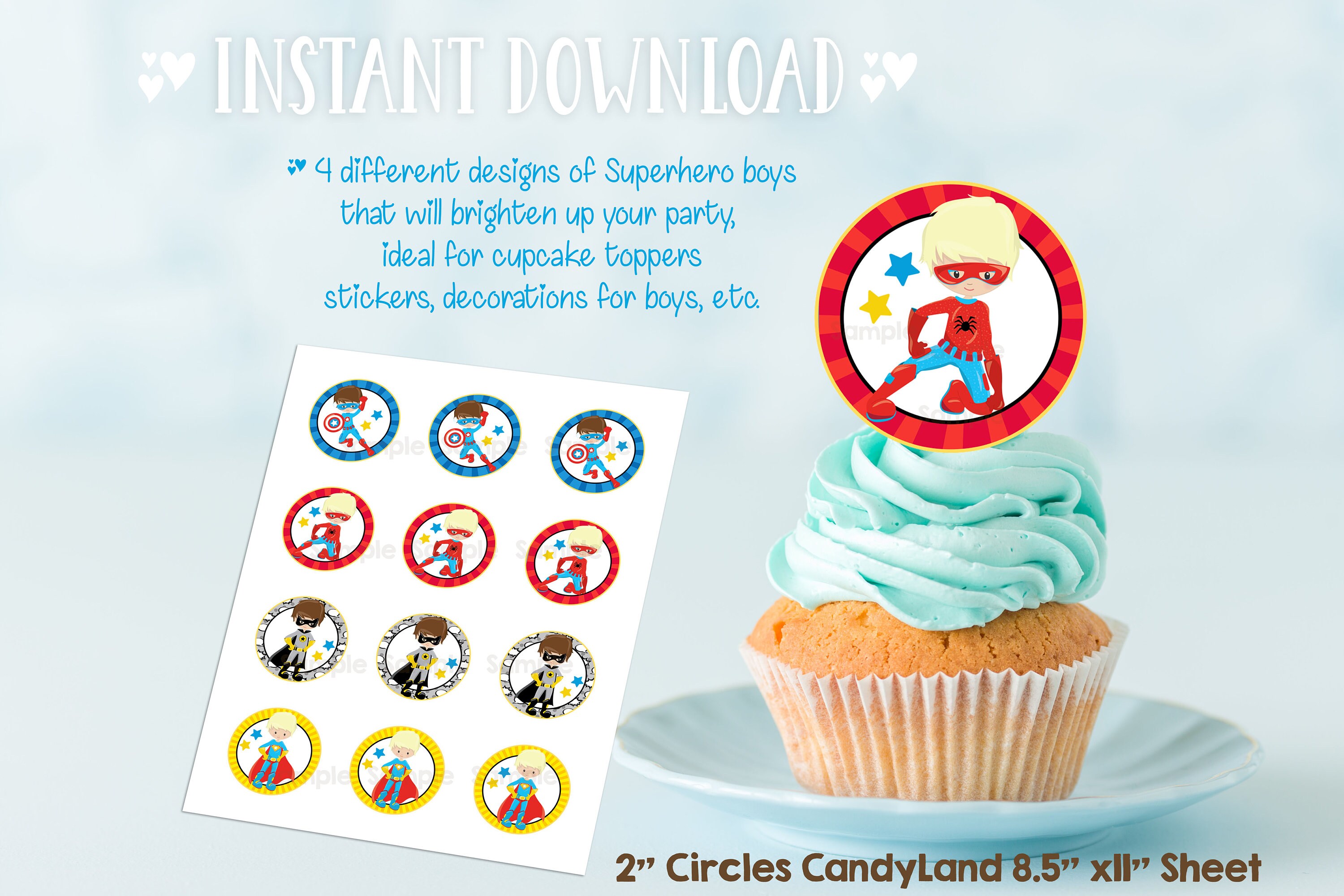 INSTANT DOWNLOAD Superhero Printables Cupcake Toppers, Superhero Labels ...