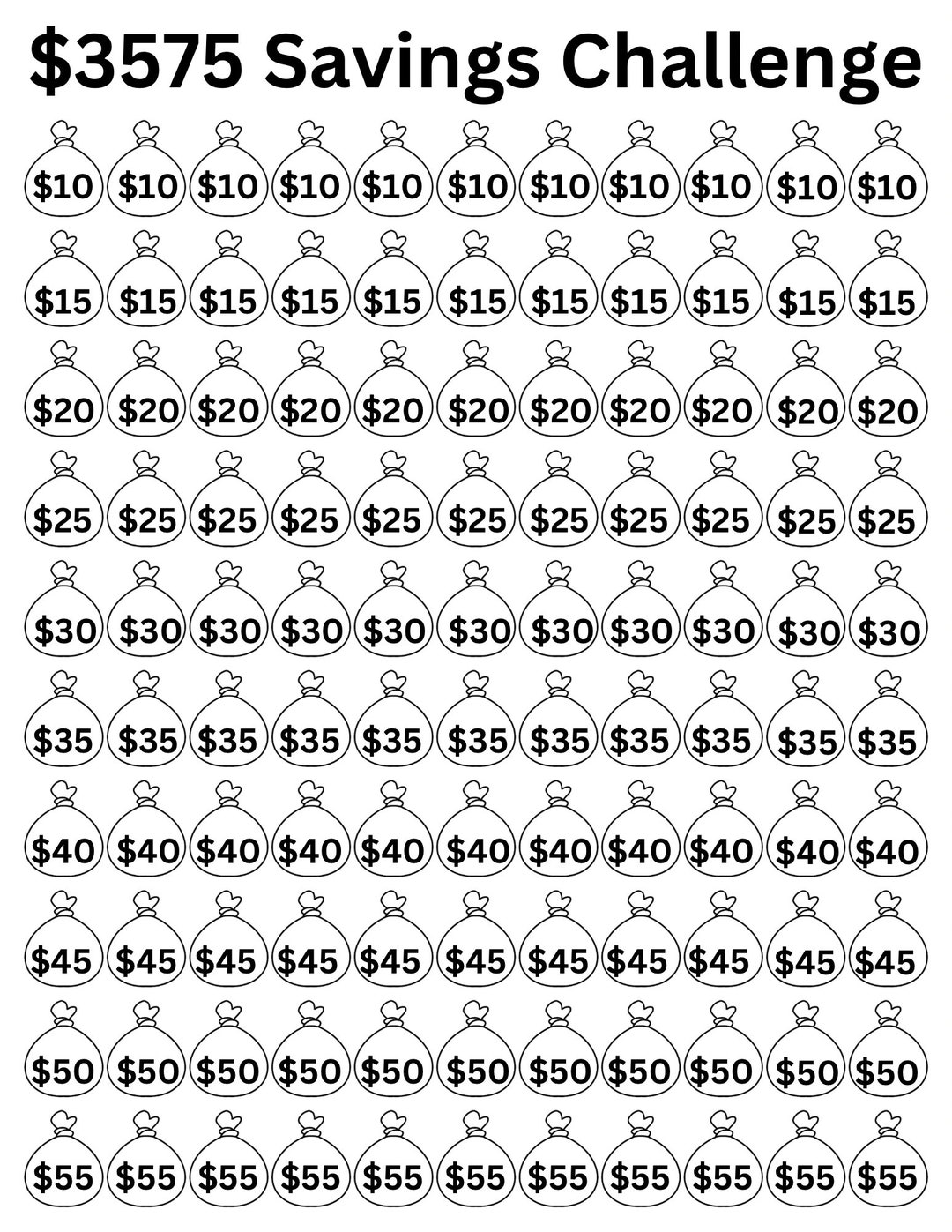 3575 Savings Challenge, Tracker, Printable, Simple, White, Money, PNG ...