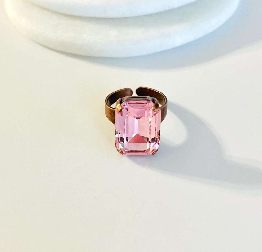 Crystal Pink Octagon Ring, Adjustable Glamour Cocktail Ring, 13x18mm ...