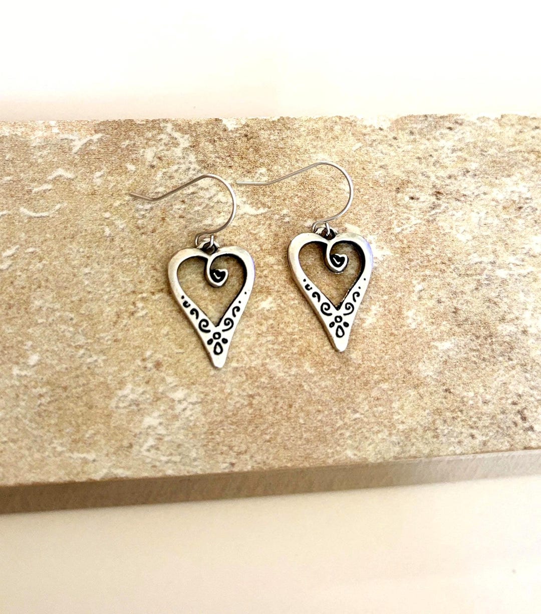 Rustic Silver Heart Earrings, Antique Silver Plated Charm Earrings ...