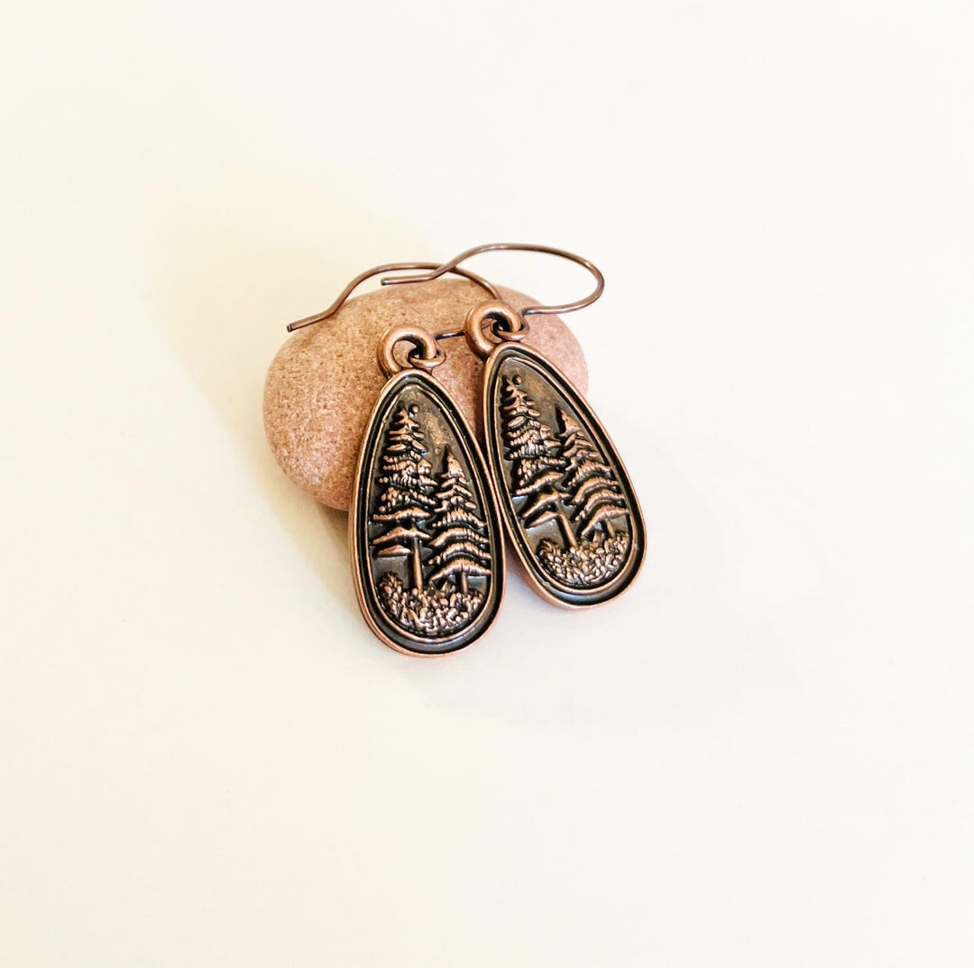 Rustic Pine Tree Earrings, Nature Earrings, Antique Copper Plated Charm ...