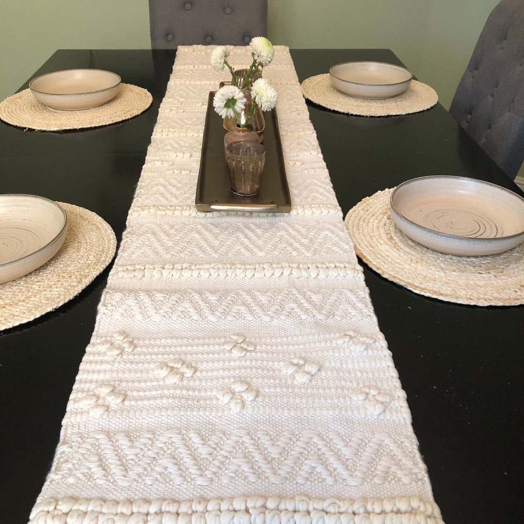 72x14 Cream Colored Woven Cotton Textured Table Runner With Pom-poms ...