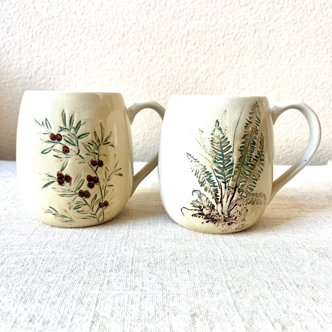 Botanical Ceramic Mug Cream With Debossed Botanical Leafs Print, 4 ...