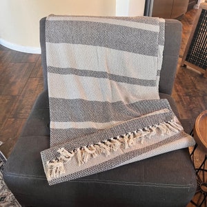 Ultra Soft, Recycled, Cotton, Gray and Beige Striped Throw With Fringe ...